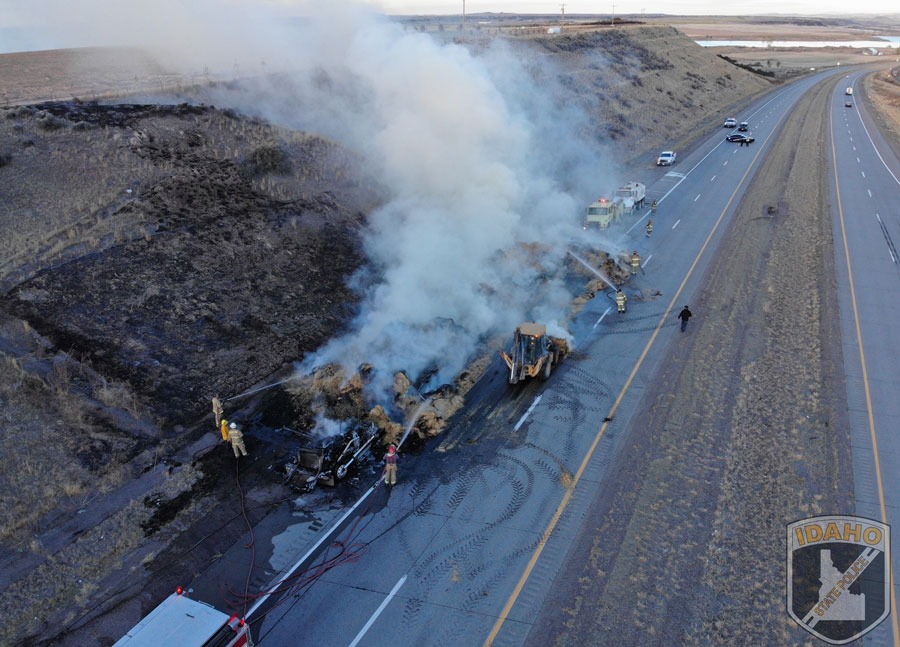 Hay fire destroys triple trailer semi-truck on I-86 - East Idaho News