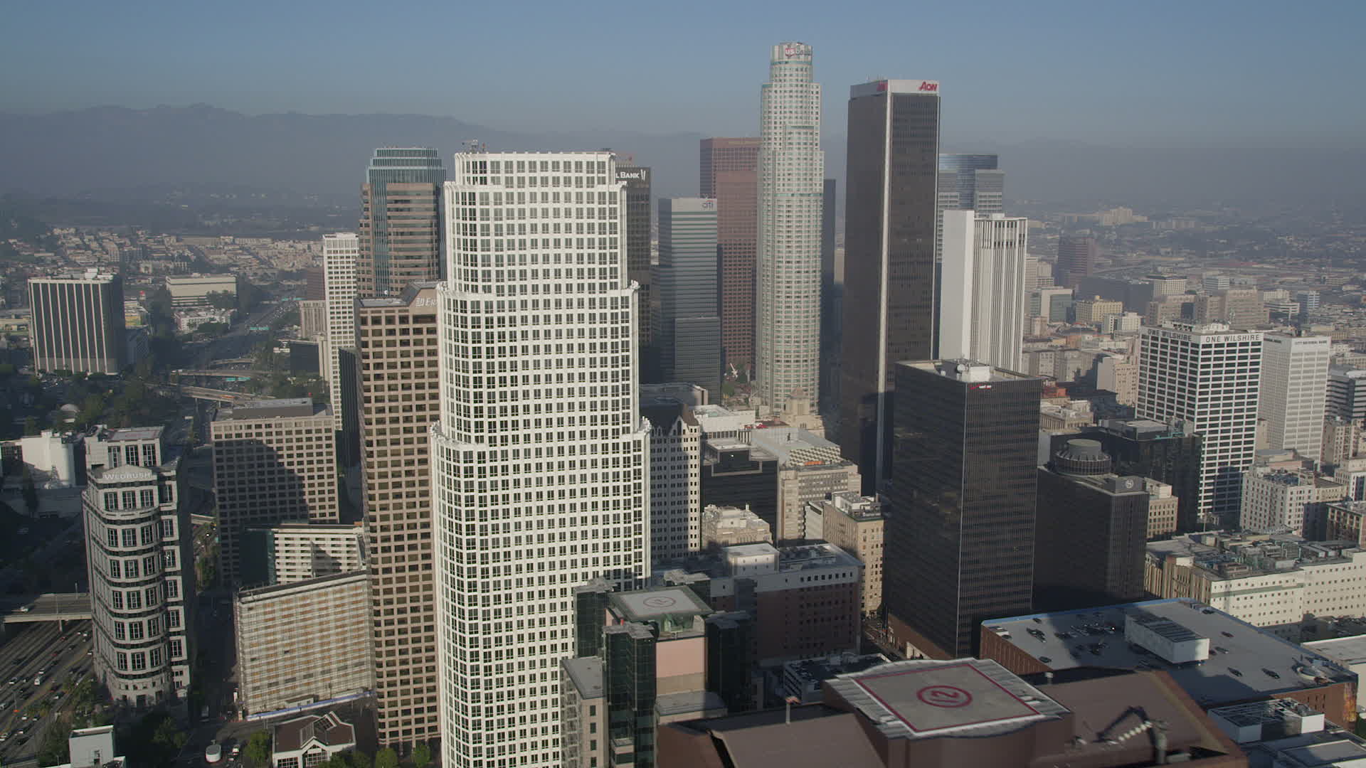 5K stock footage aerial video of approaching skyscrapers, Downtown Los ...