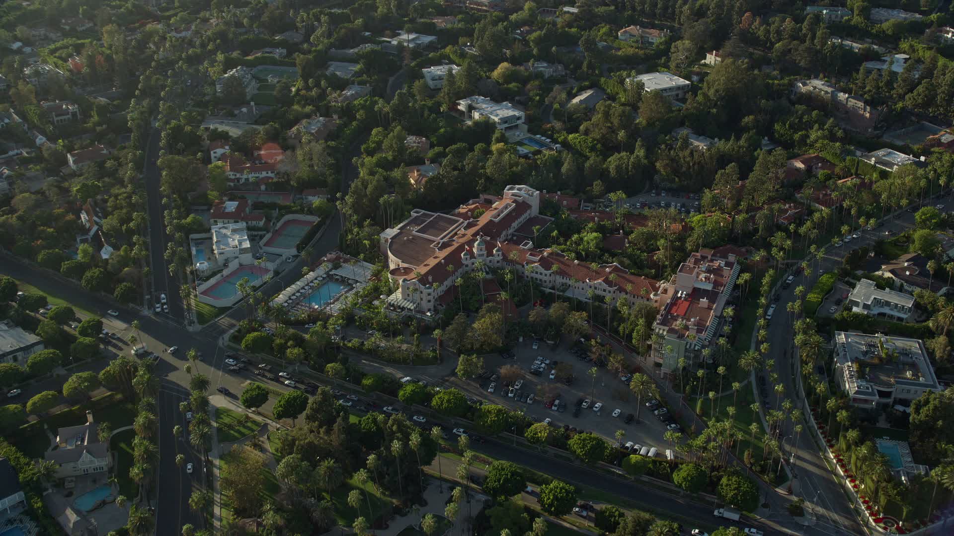 7.6K stock footage aerial video approaching the Beverly Hills Hotel in ...