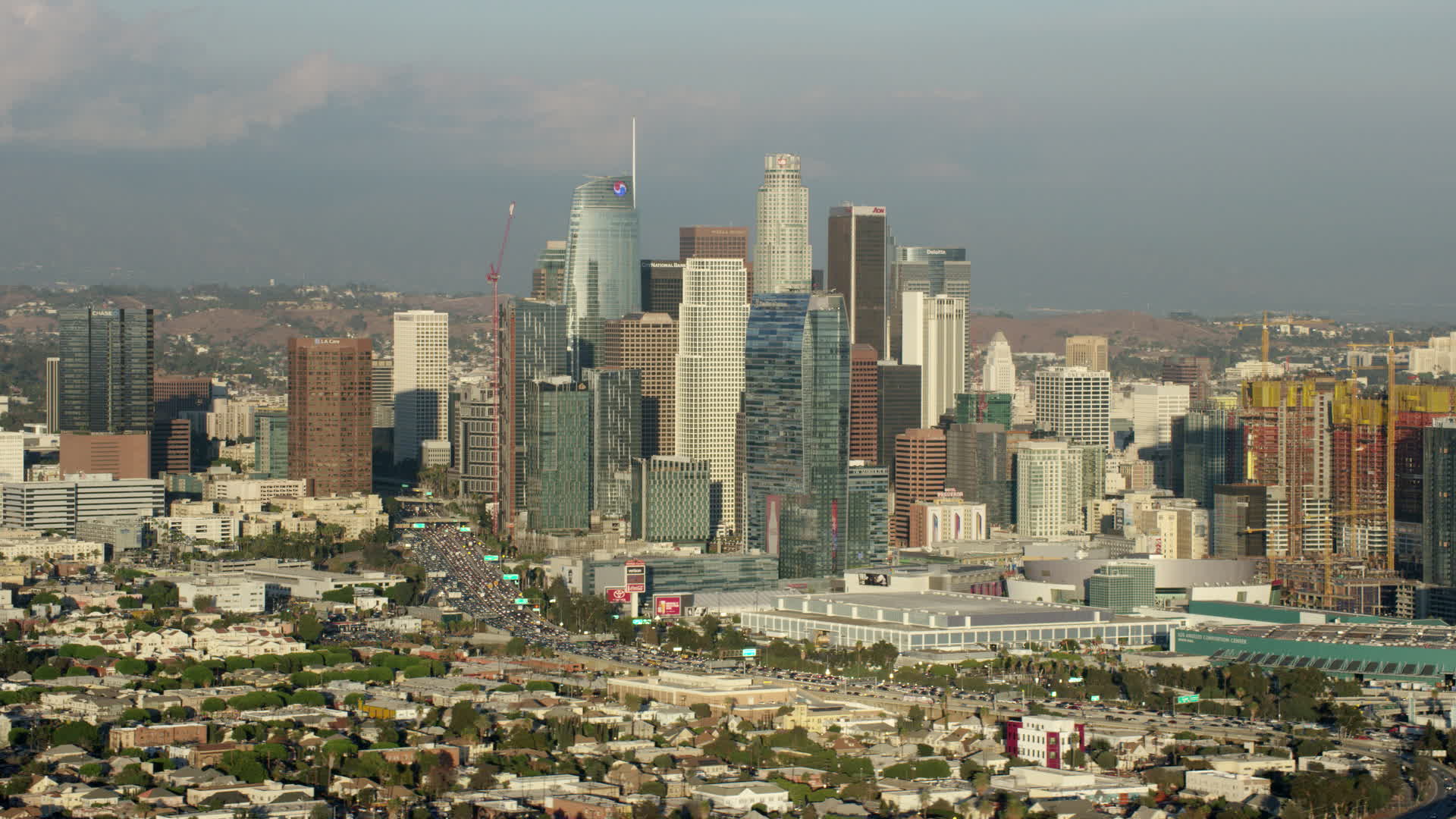 7.6K stock footage aerial video of tall skyscrapers of the Downtown Los ...