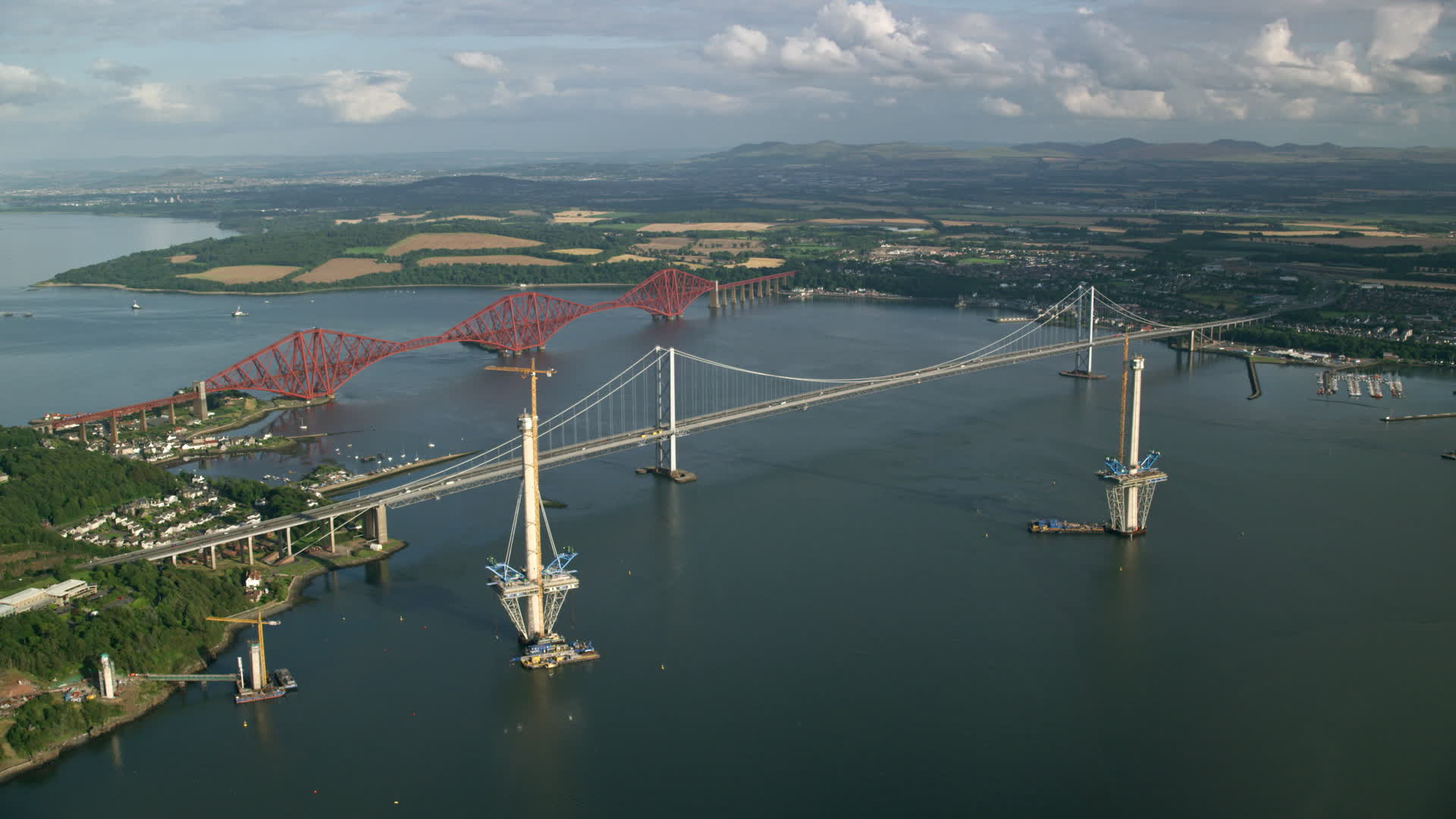 5.5K stock footage aerial video of a view of the Forth Road Bridge and ...