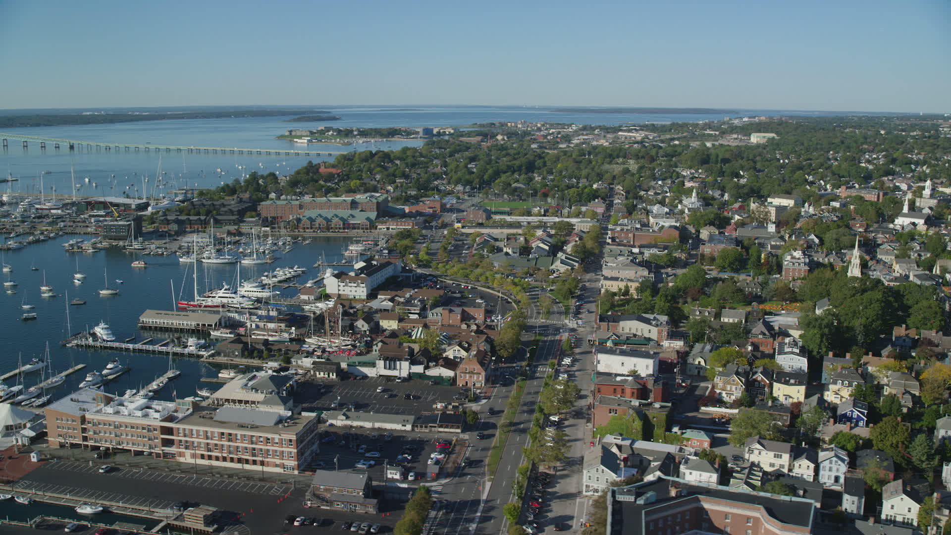 6k stock footage aerial video orbiting coastal community, Newport Harbor, Newport, Rhode Island ...