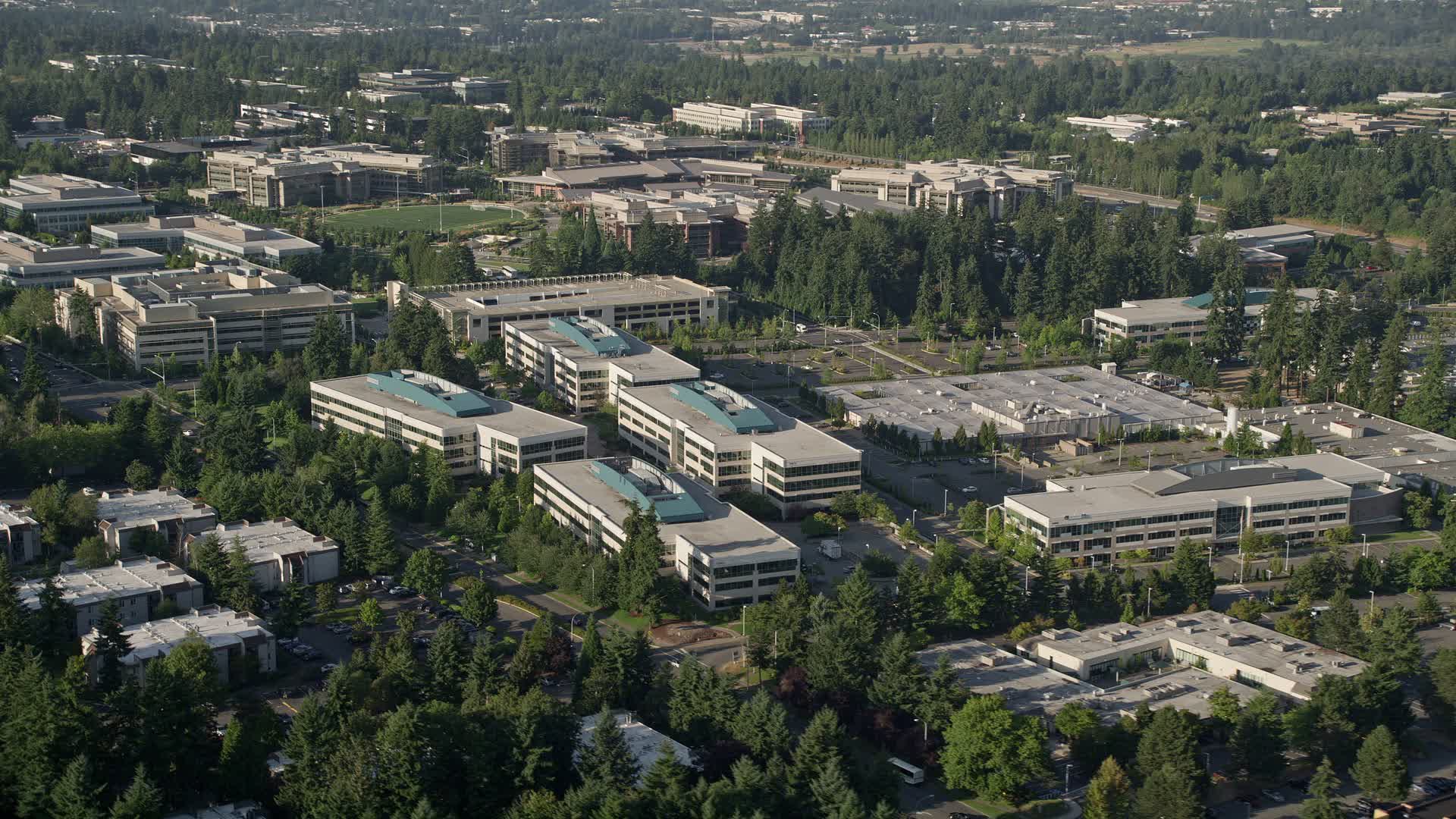 5K stock footage aerial video of Microsoft Headquarter office complex ...