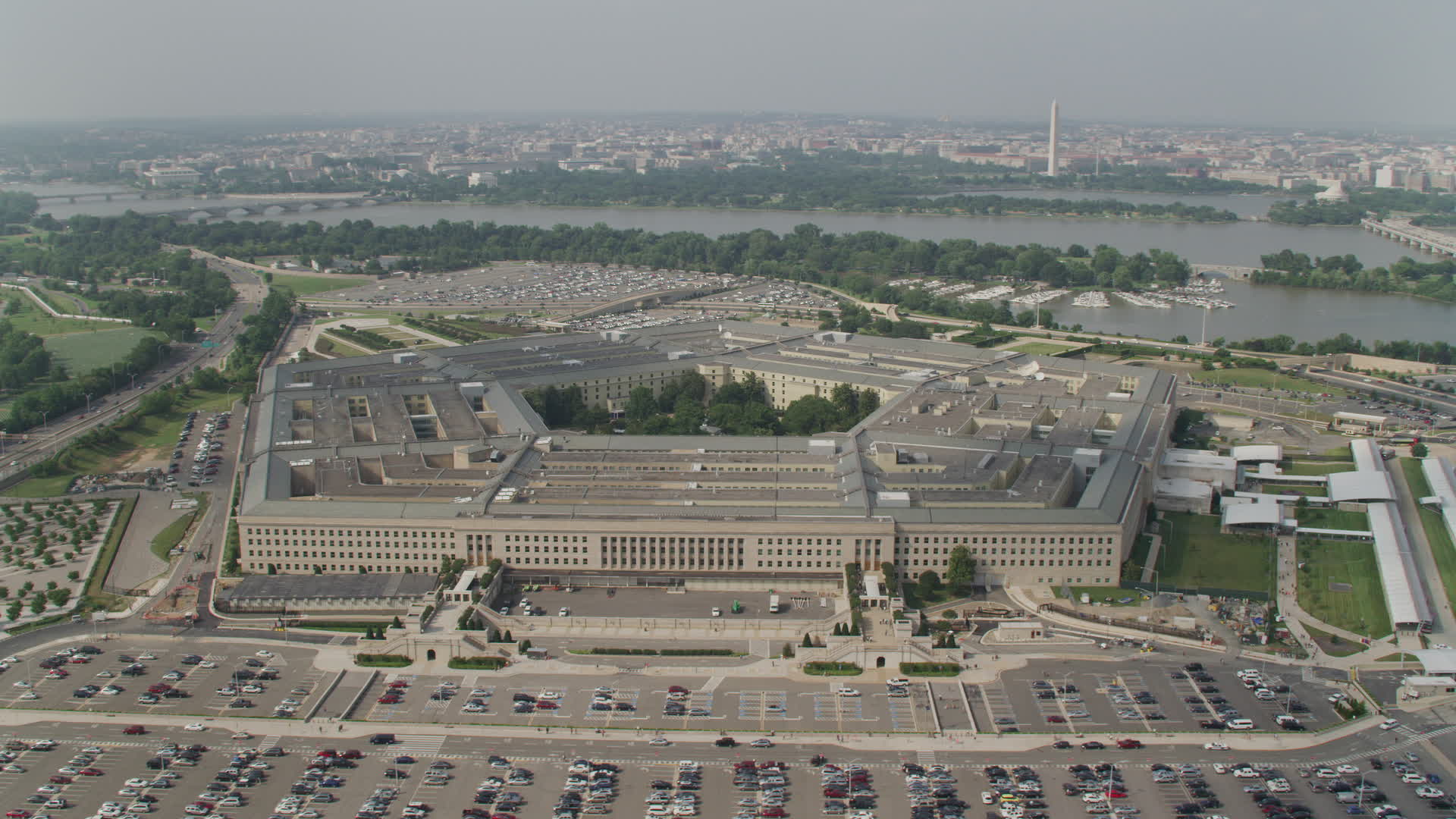 5K stock footage aerial video orbiting The Pentagon in Washington DC ...