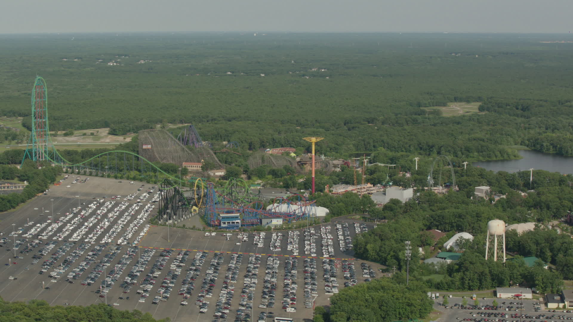 HD stock footage aerial video of passing rides at the Six Flags Great ...