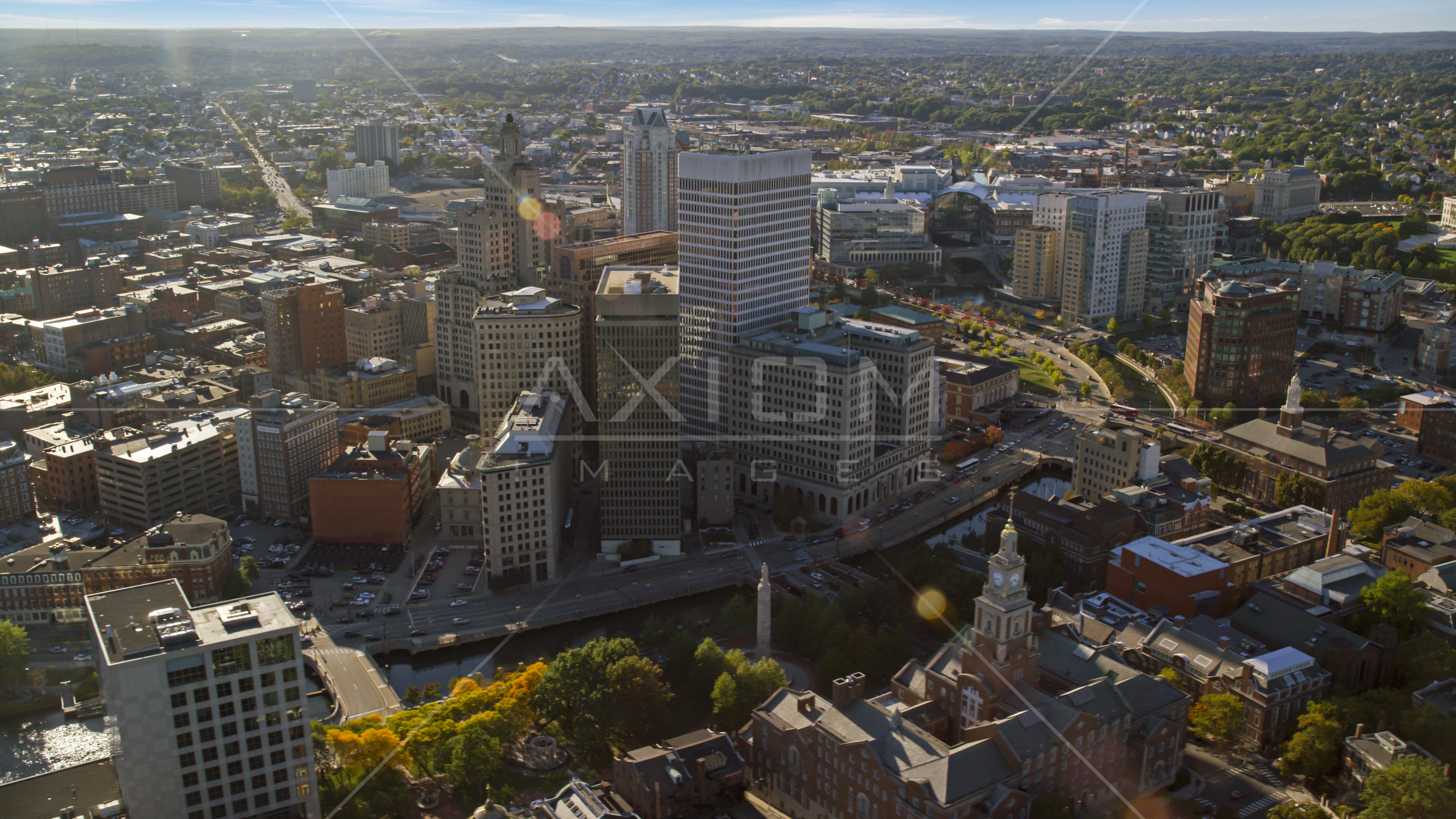 A view of city buildings and tall skyscrapers in Downtown Providence ...
