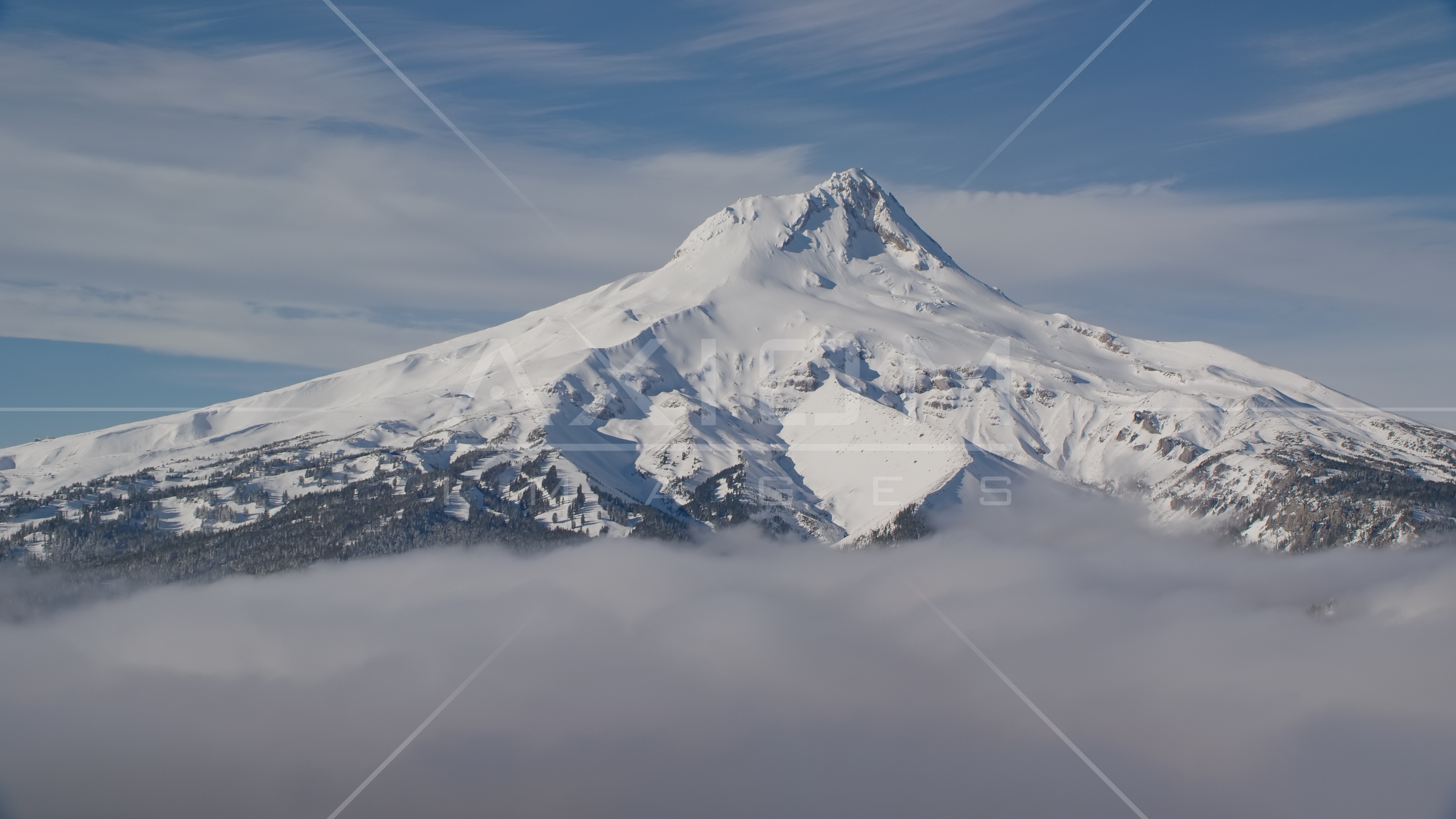 Low clouds and Mount Hood, Cascade Range, Oregon Aerial Stock Photo ...