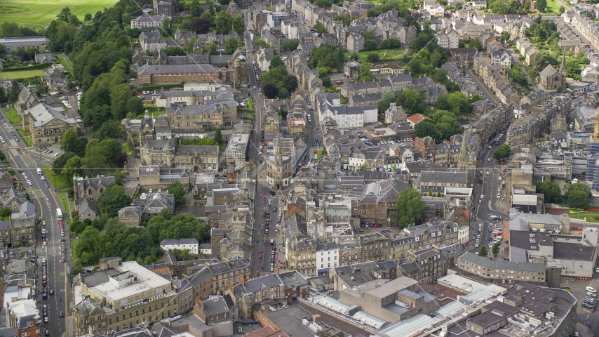 A view of city streets and apartment buildings in Stirling, Scotland ...