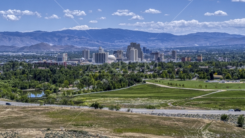A wide view of the city's skyline in Reno, Nevada Aerial Stock Photo ...