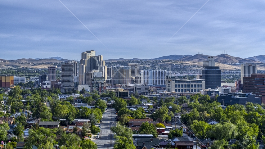 A view of office buildings, high-rise resort casinos and hotels in Reno ...