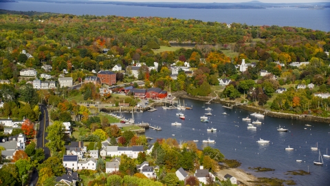 Boats in Rockport Harbor by small coastal town, Rockport, Maine Aerial ...
