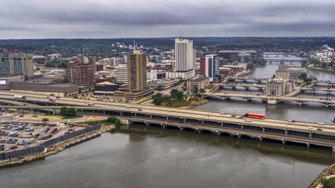 The convention center, city buildings near river, Downtown Cedar Rapids ...