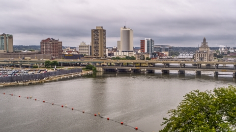 The convention center, city buildings near river, Downtown Cedar Rapids ...