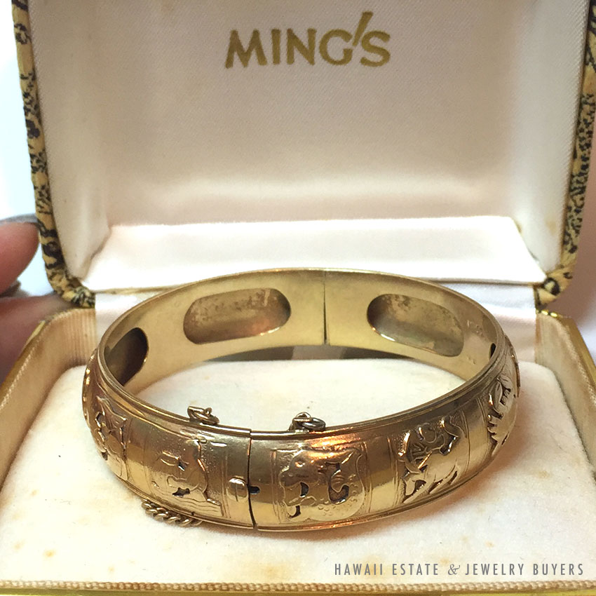 MING'S HAWAII ZODIAC 14K YELLOW GOLD HINGED BANGLE BRACELET w/ box ...