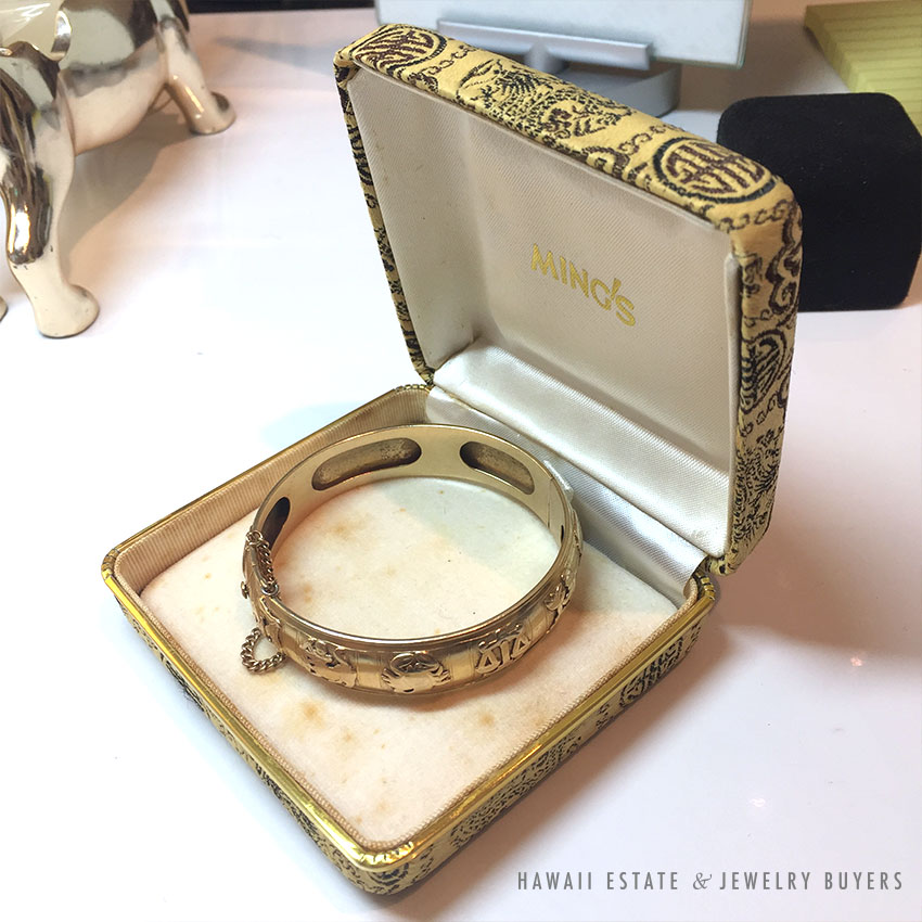 MING'S HAWAII ZODIAC 14K YELLOW GOLD HINGED BANGLE BRACELET w/ box ...