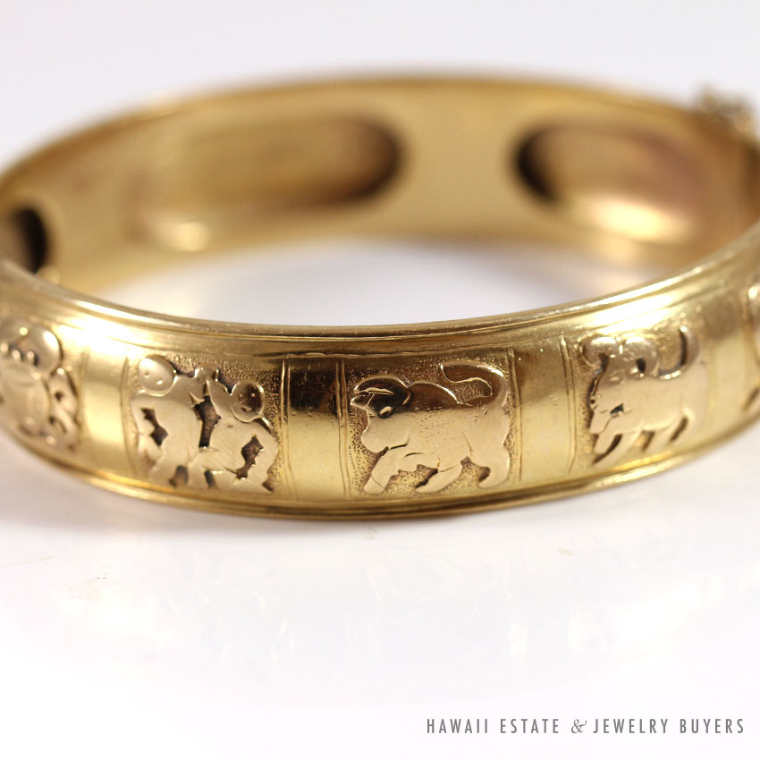 MING'S HAWAII ZODIAC 14K YELLOW GOLD HINGED BANGLE BRACELET w/ box ...