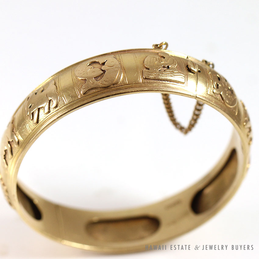 MING'S HAWAII ZODIAC 14K YELLOW GOLD HINGED BANGLE BRACELET w/ box ...