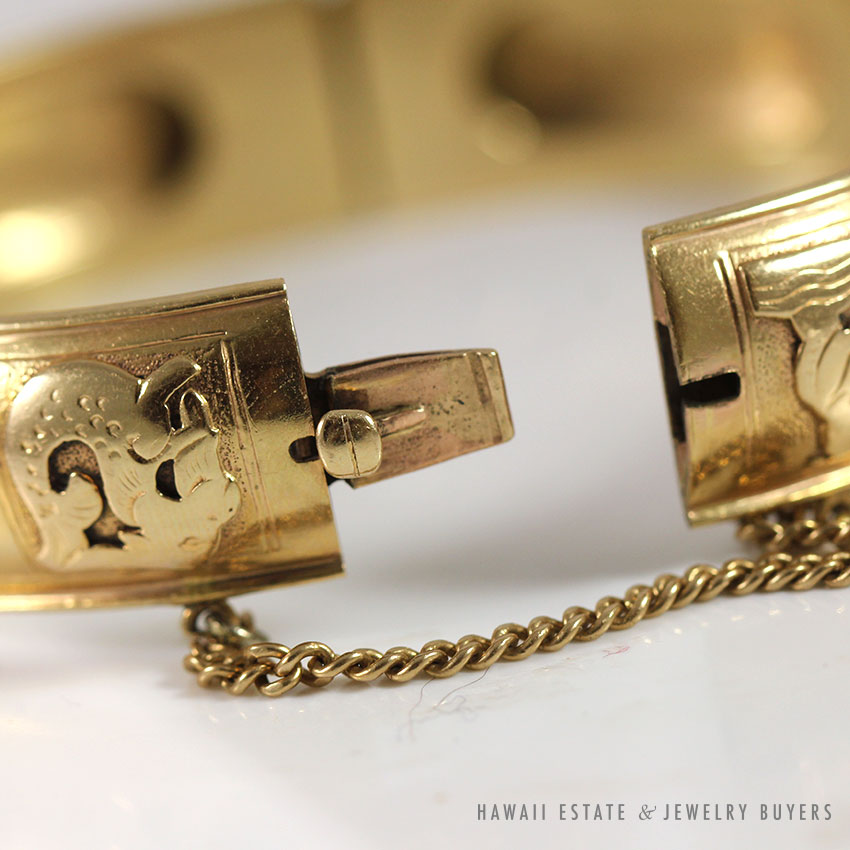 MING'S HAWAII ZODIAC 14K YELLOW GOLD HINGED BANGLE BRACELET w/ box ...