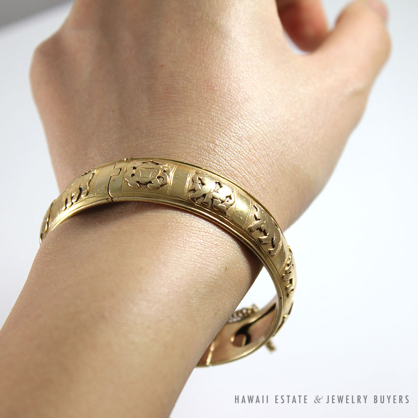 MING'S HAWAII ZODIAC 14K YELLOW GOLD HINGED BANGLE BRACELET w/ box ...
