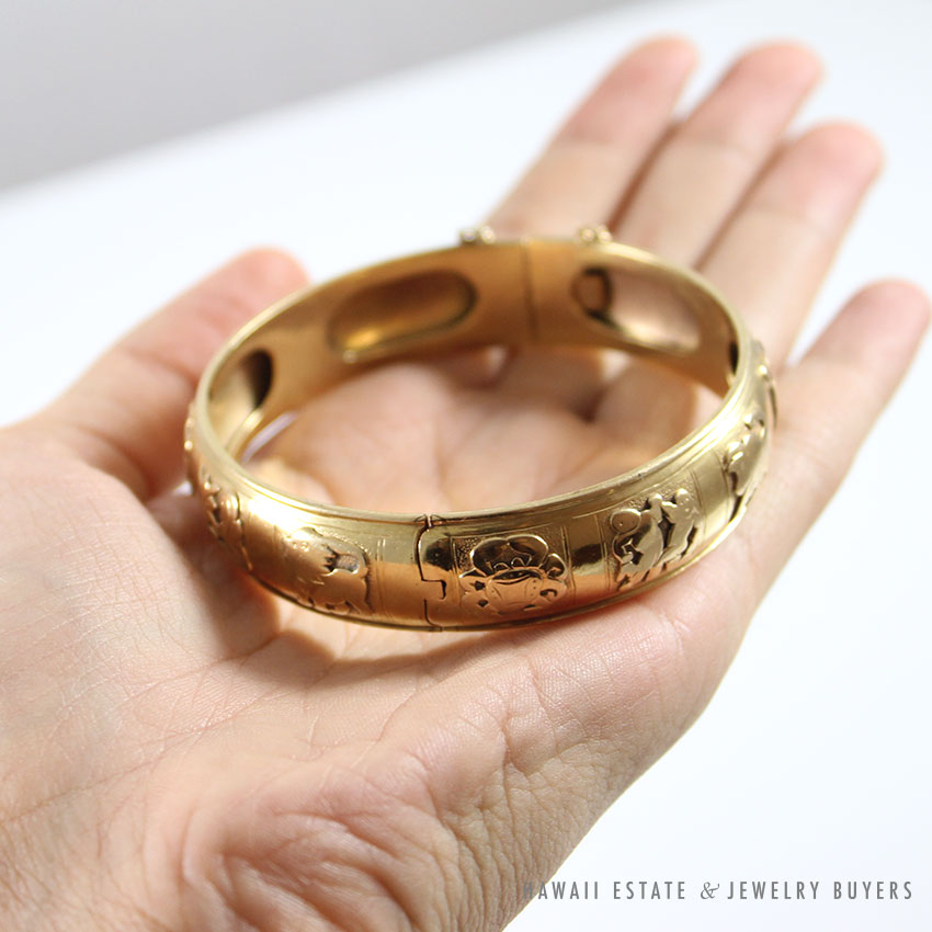 MING'S HAWAII ZODIAC 14K YELLOW GOLD HINGED BANGLE BRACELET w/ box ...
