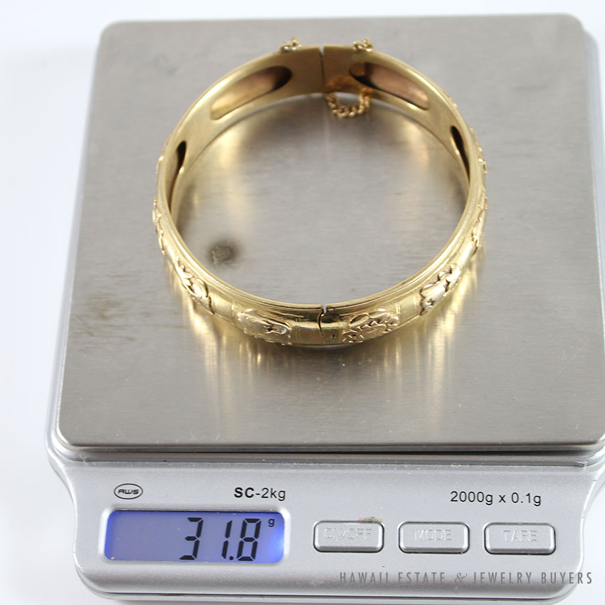 MING'S HAWAII ZODIAC 14K YELLOW GOLD HINGED BANGLE BRACELET w/ box ...