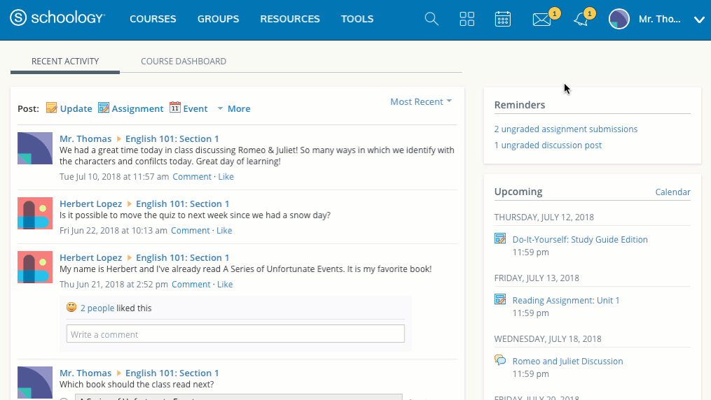Schoology: Bell and Envelope Icon on Header · Alludo