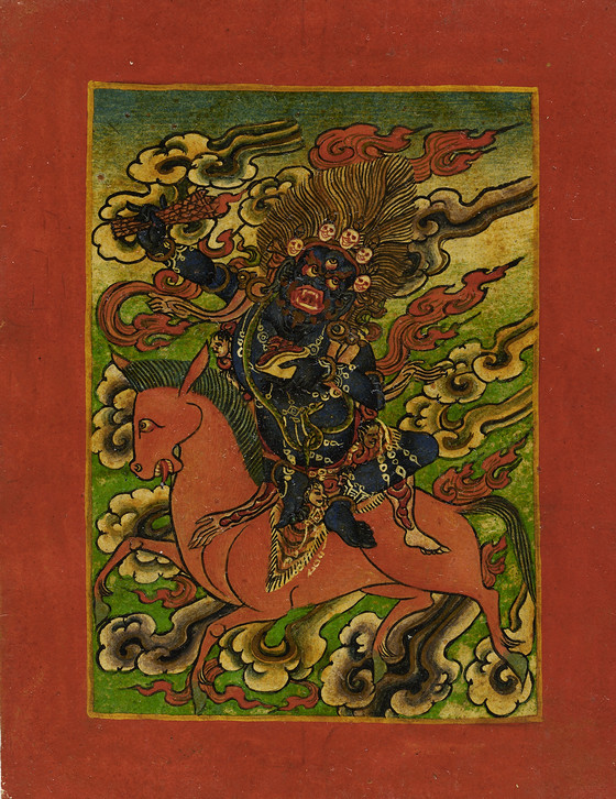 Male Deity on a Red Horse, Nyingmapa Buddhist or Bon Ritual Card ...