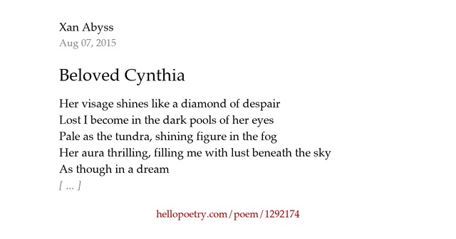 Beloved Cynthia by Xan Abyss - Hello Poetry