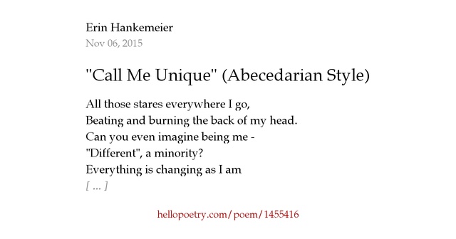 "Call Me Unique" (Abecedarian Style) by Erin Hankemeier - Hello Poetry