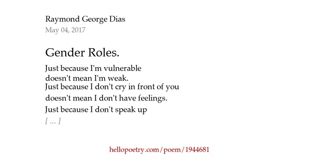 Gender Roles. by Raymond George Dias - Hello Poetry