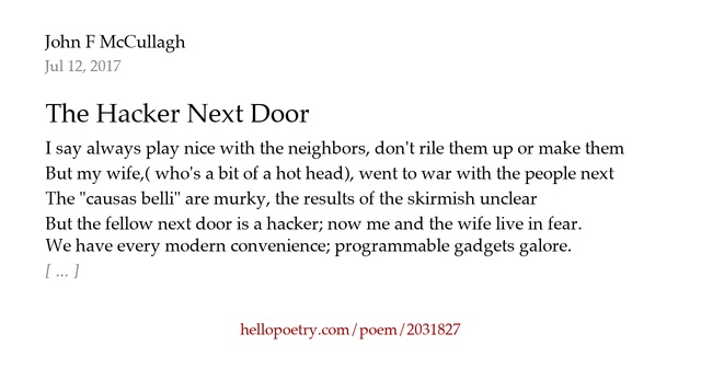 The Hacker Next Door by John F McCullagh - Hello Poetry