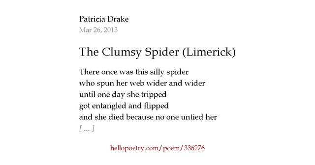 The Clumsy Spider (Limerick) by Patricia Drake - Hello Poetry