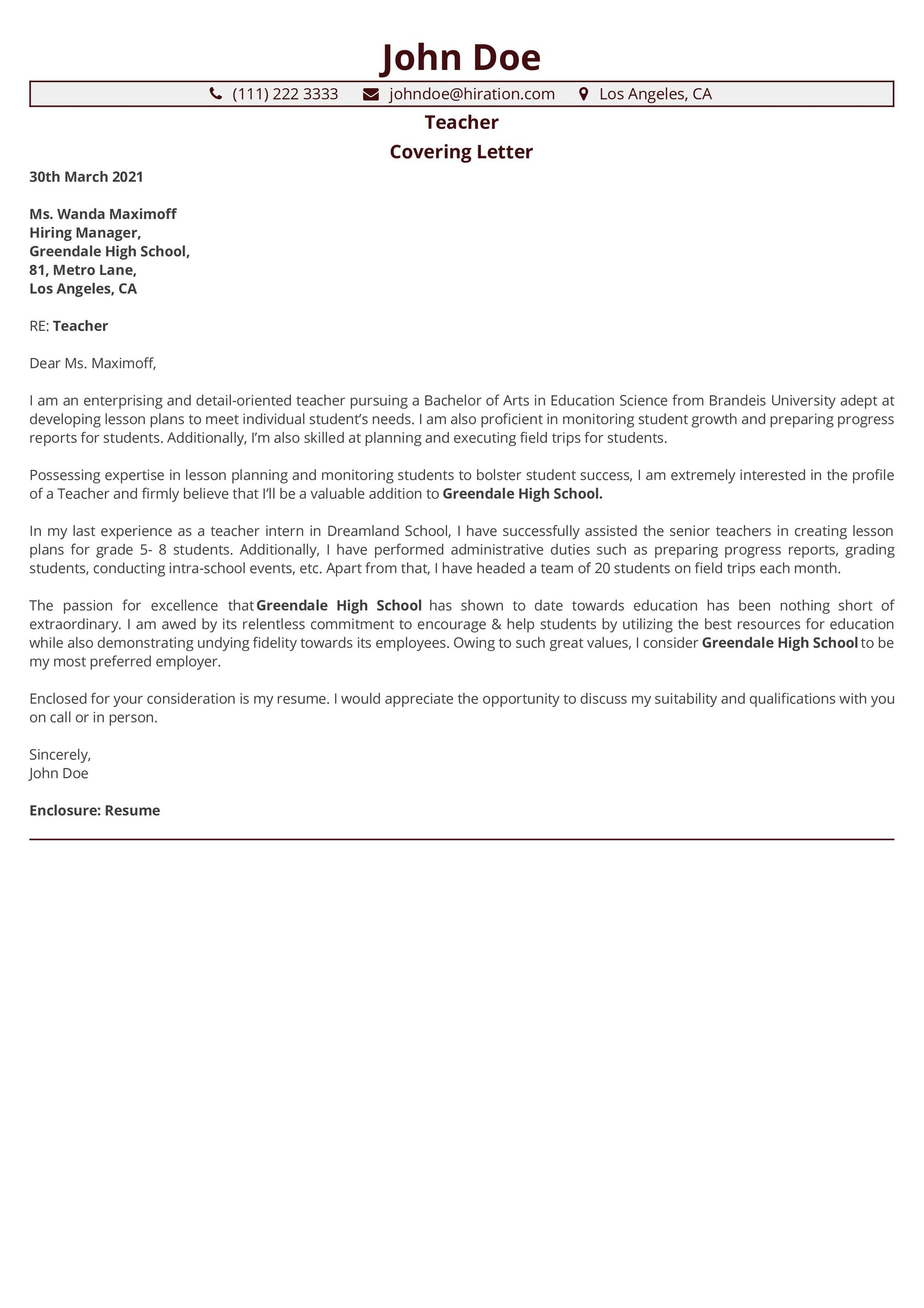 Sample Teacher Cover Letter With Experience The Complete 2021 Guide 