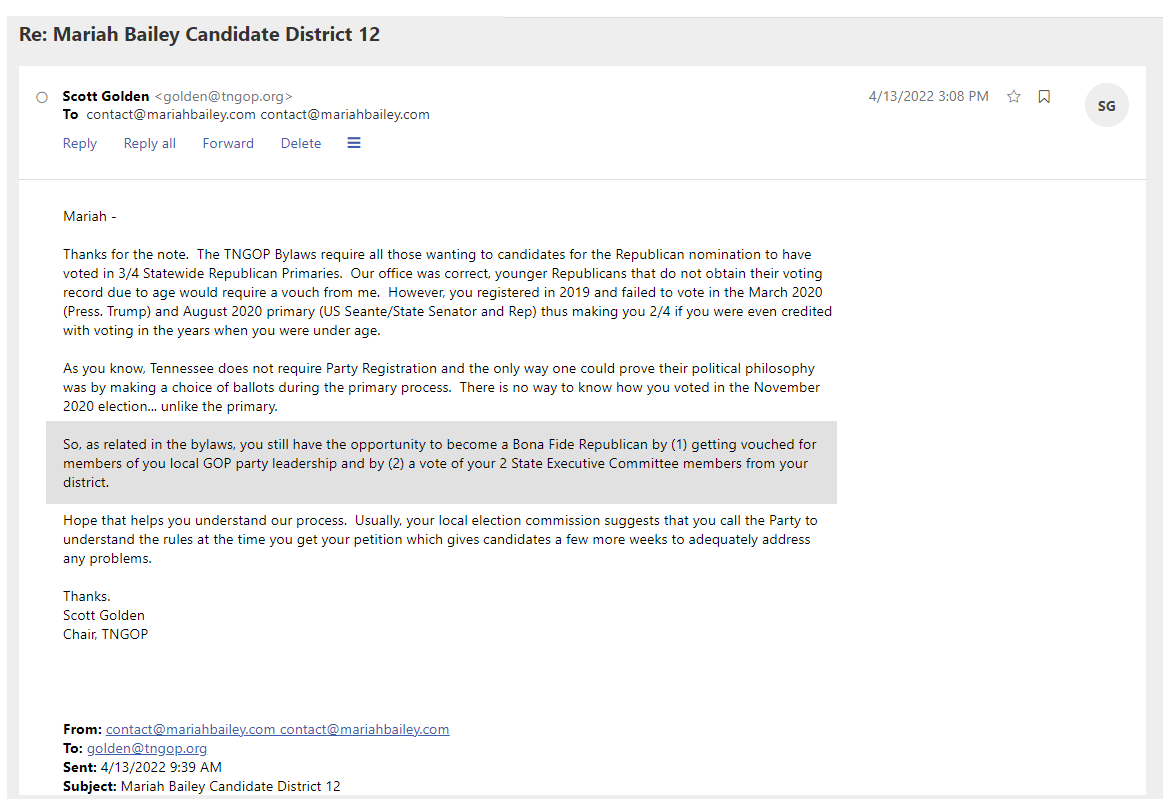 Mariah Bailey considers legal recourse against the TNGOP for de facto ...