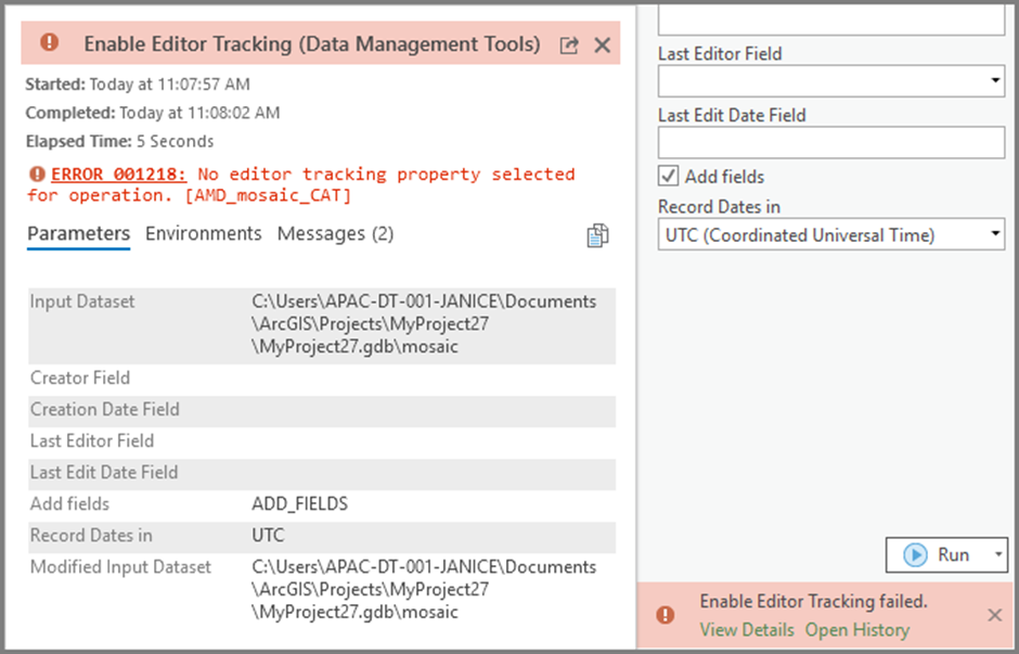 Problem The Enable Editor Tracking Tool Returns An Error When Using A Mosaic Dataset In ArcGIS Pro