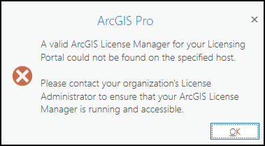 Error: A valid ArcGIS License Manager for your Licensing Portal could not be found on the ...