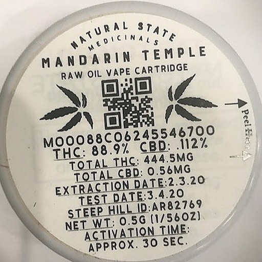 Natural State Medicinals: Mandarin Temple Kush Raw Oil Cartridge 0.5g ...