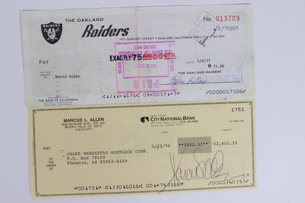 Marcus Allen Signed Check W David Dalby Signed Check COA JSA
