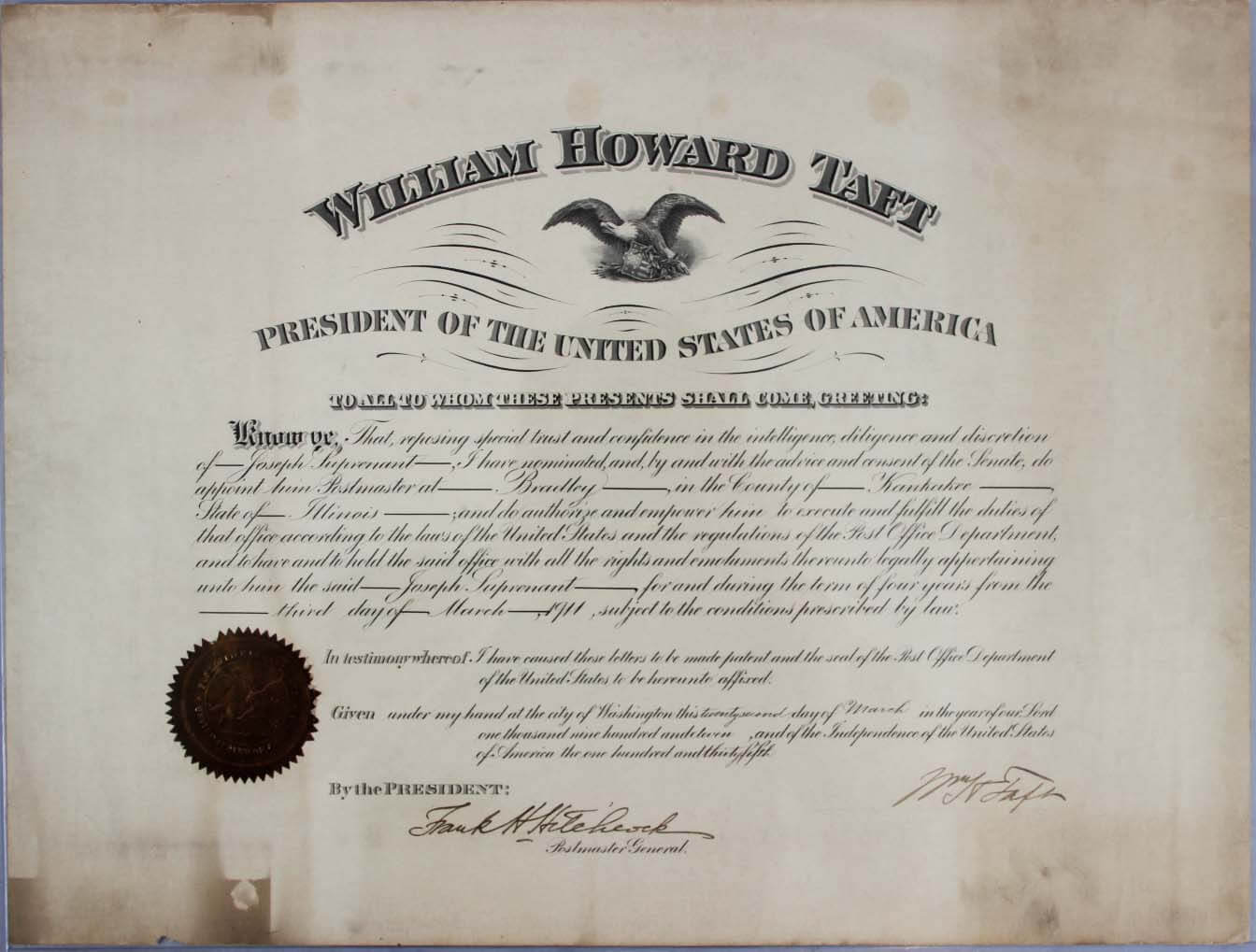1911 William Howard Taft Signed Presidential Commission Document – JSA ...