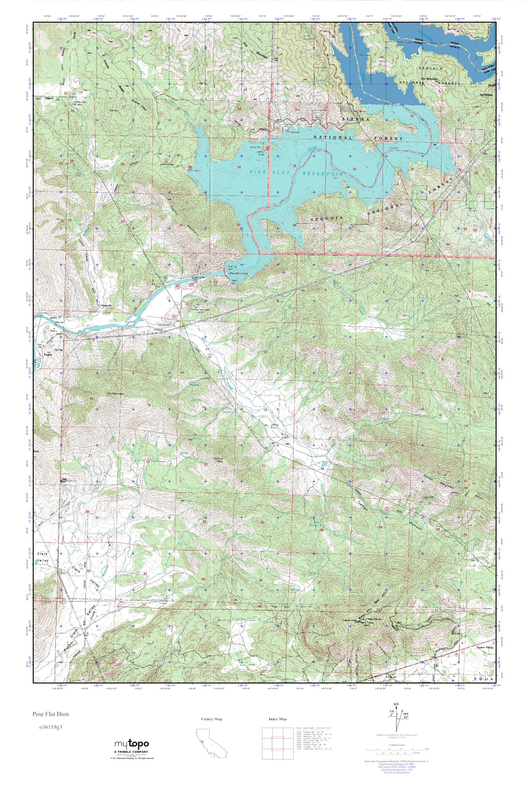 MyTopo Pine Flat Dam, California USGS Quad Topo Map