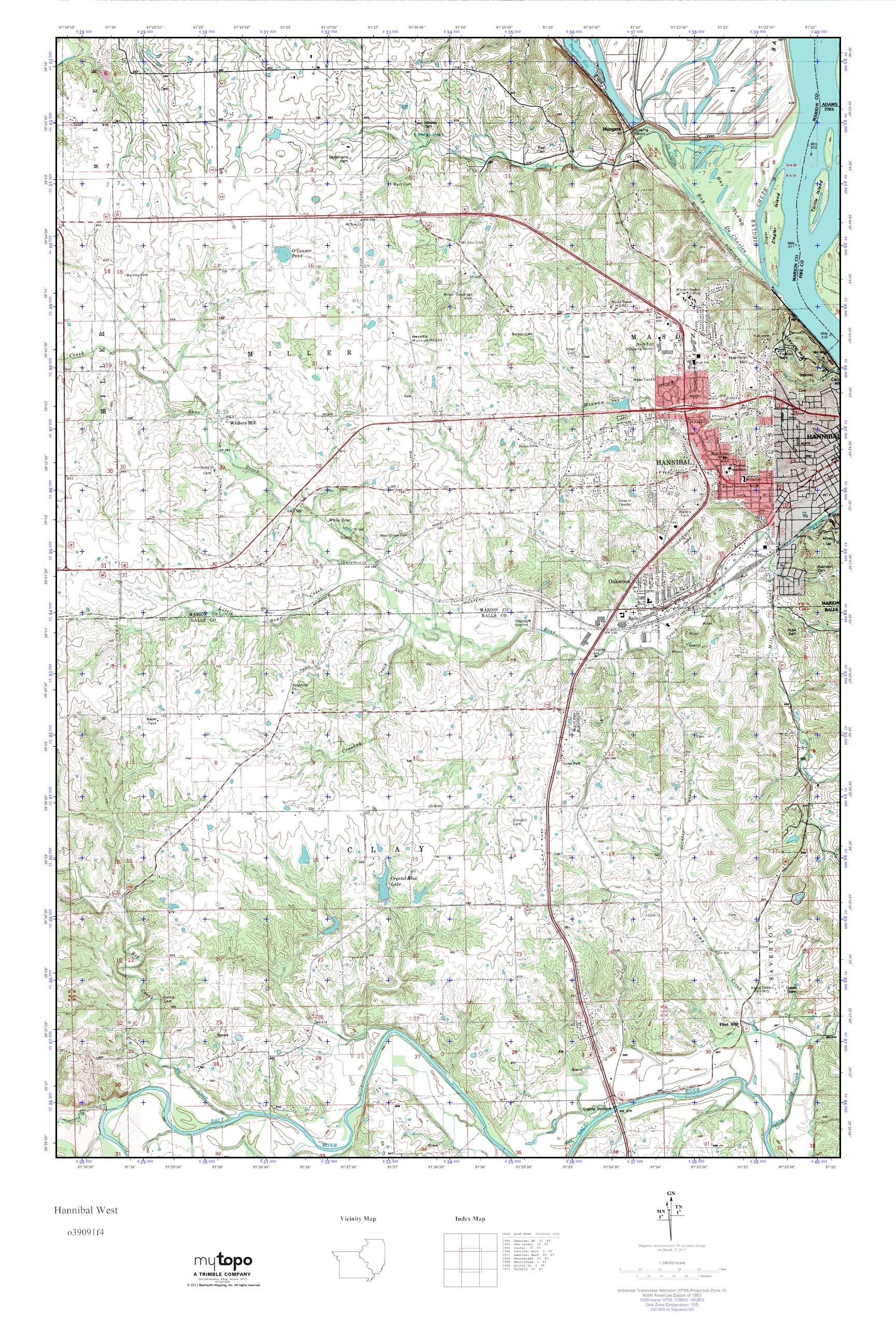 MyTopo Hannibal West, Missouri USGS Quad Topo Map