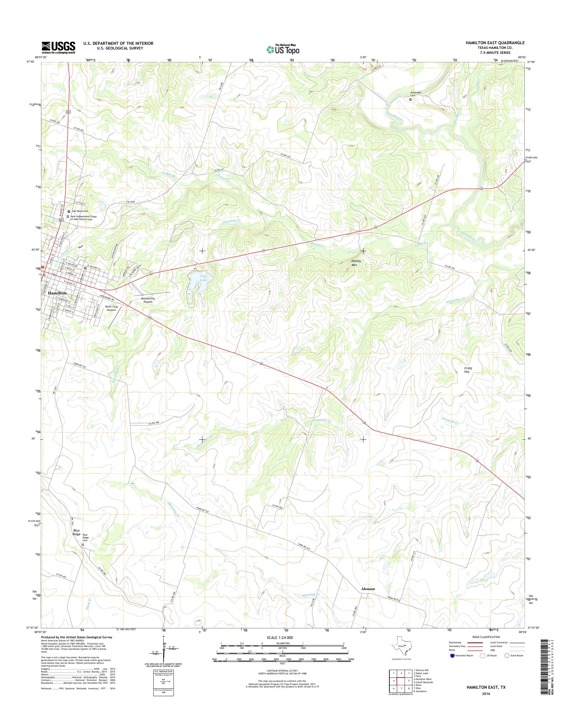MyTopo Hamilton East, Texas USGS Quad Topo Map