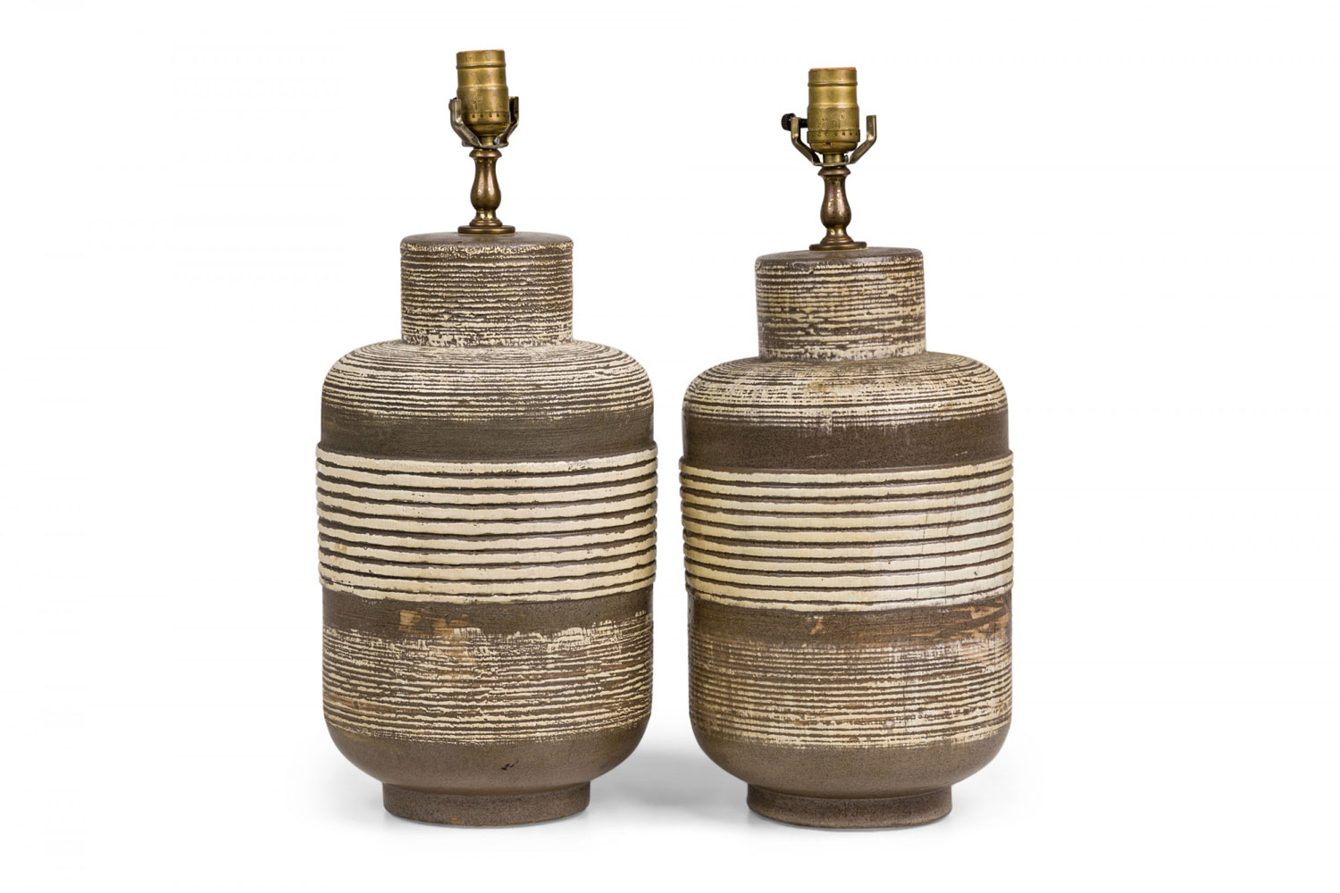 Pair of mid century american ceramic texture banded brown and beige ...