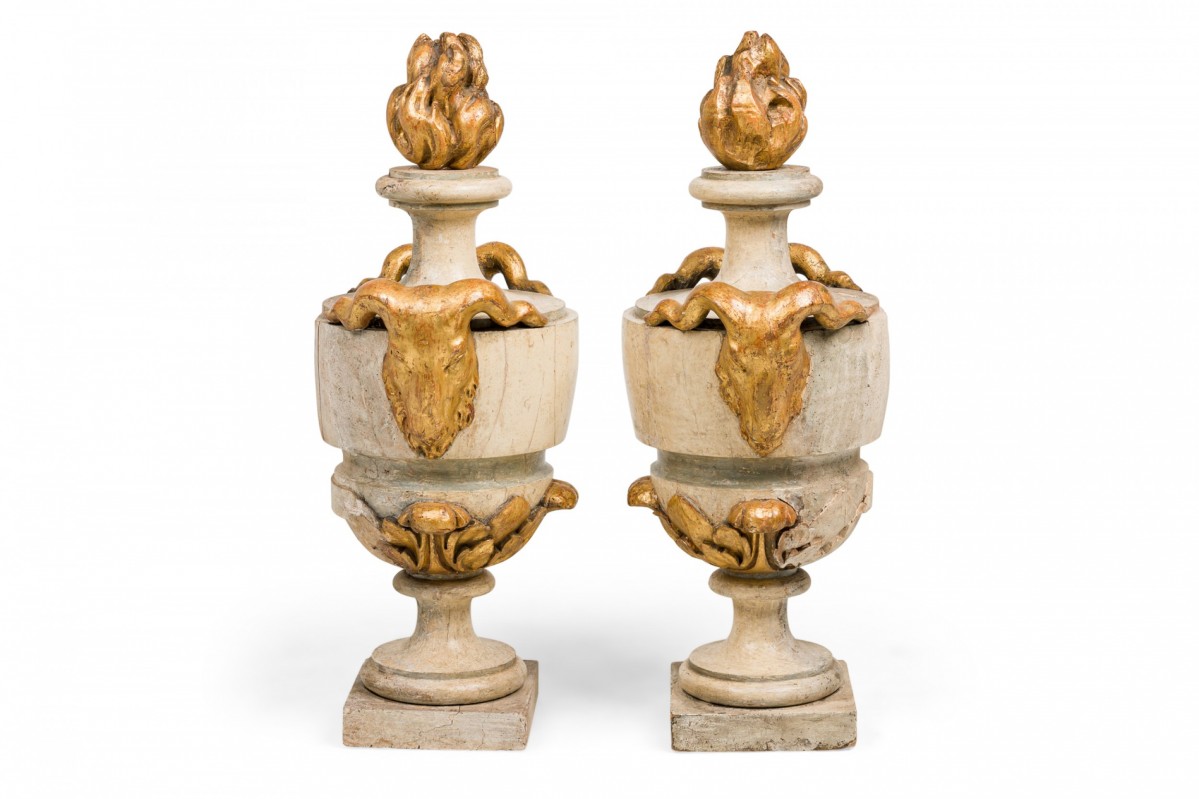 Pair of Italian Neo classic parcel gilt painted wood flame finial ...