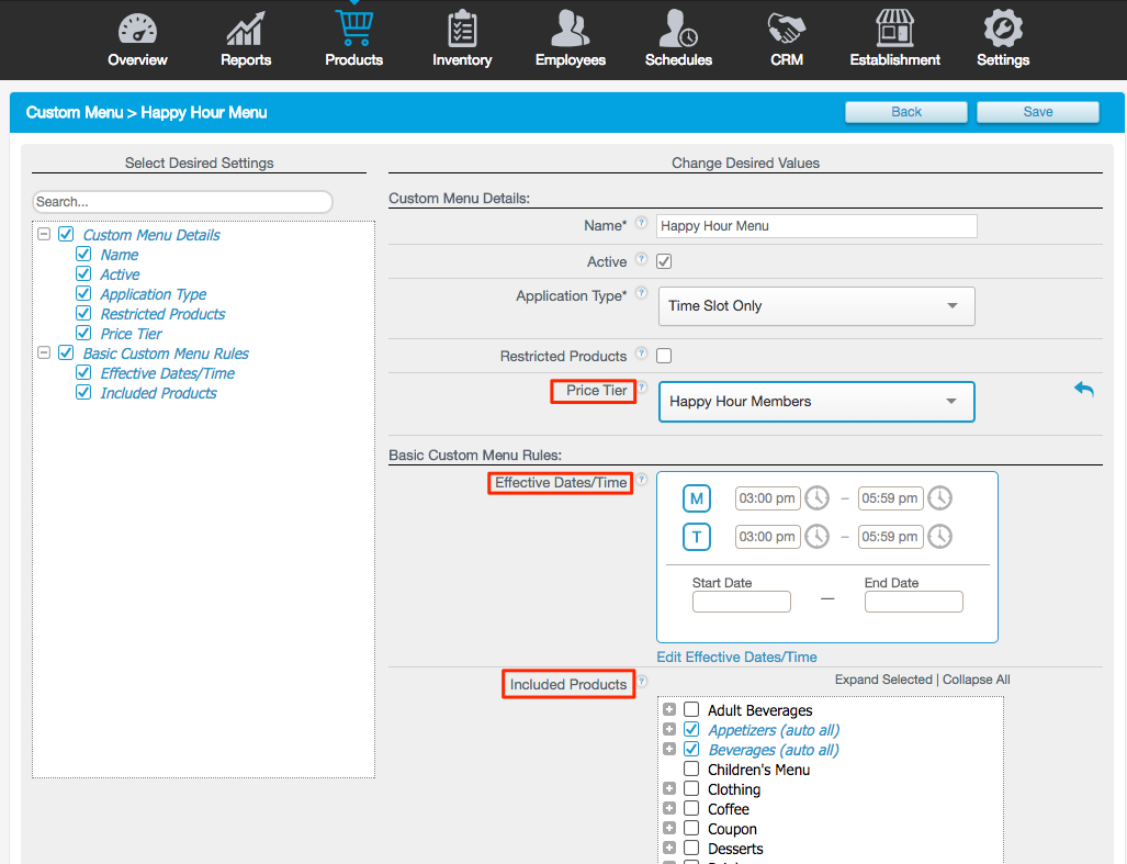 Custom Menus – Individual Point of Sale