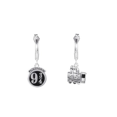 Harry Potter Brandclub Harry Potter Womens Mismatch Platform 9 3 4 and Hogwarts Express Charm Dangle Hoop Earrings