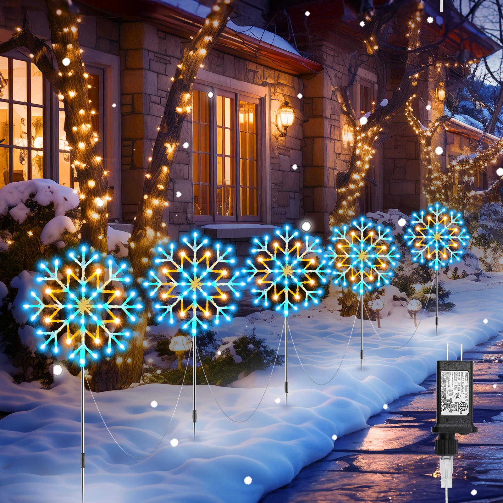 Brightown Brandclub Brightown Snowflake Lights Outdoor 10 Large Snowflake Christmas Pathway Lights Outdoor Christmas Decorations Yard Sidewalk Walkway Driveway Marker Stake Blue and White