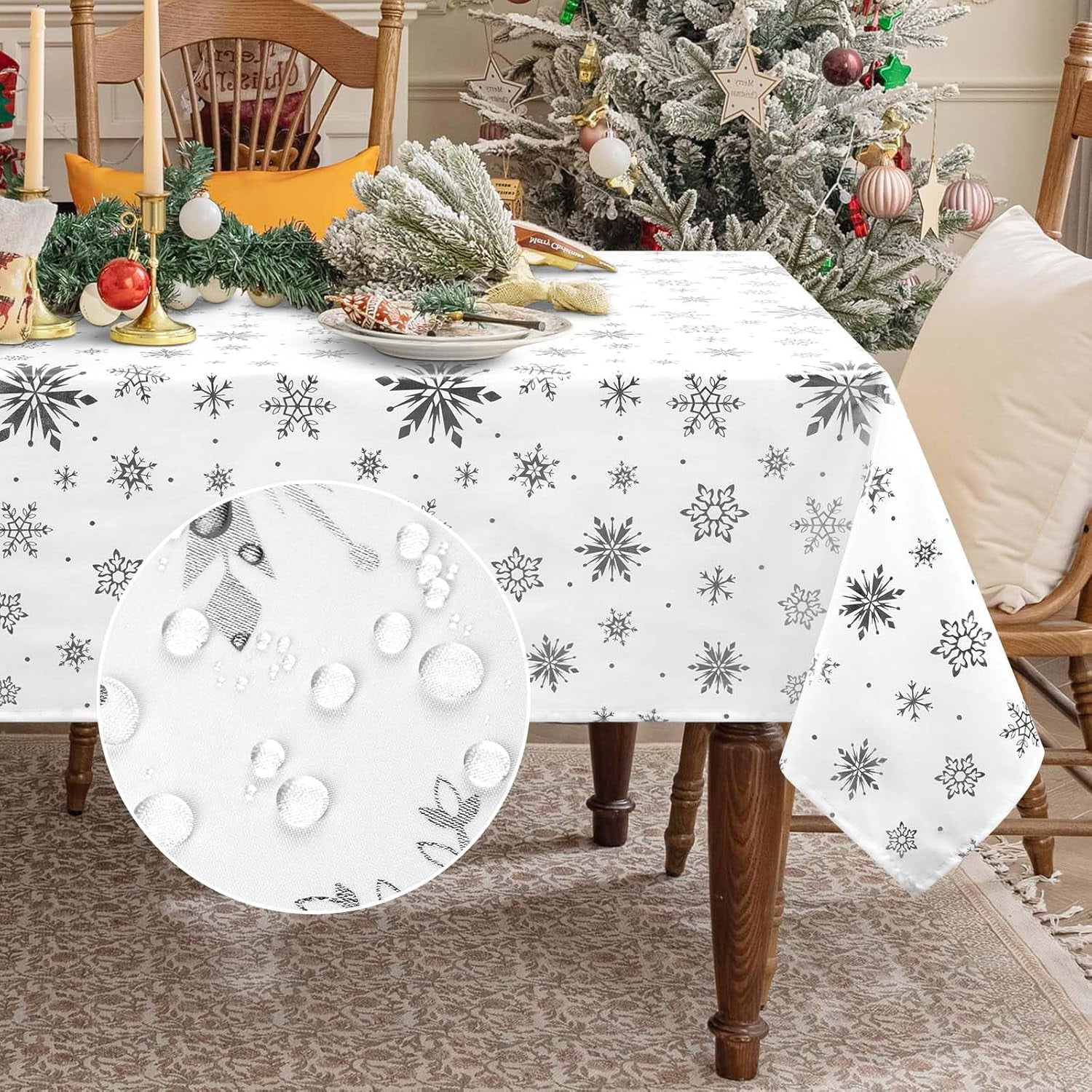 Sevenstars Brandclub Sevenstars Gold Snowflake Tablecloth Christmas Tablecloth White Rectangle Table Cover for Dinner Party 60 x 84