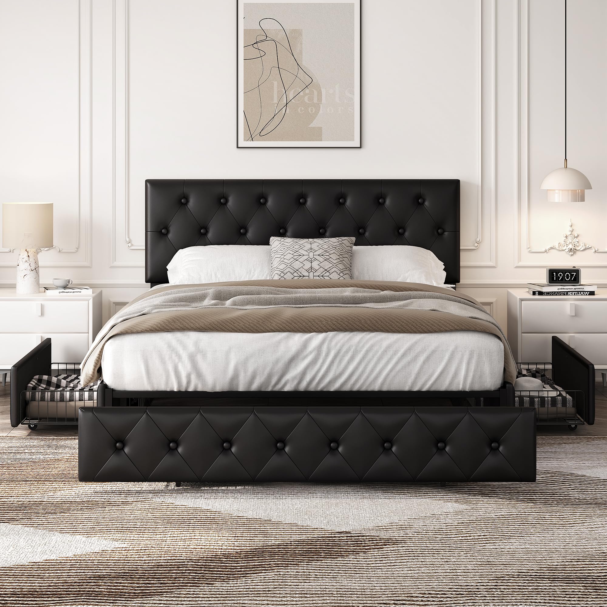 Yaheetech Brandclub Yaheetech Queen Size Upholstered Bed Frame with 2 USB Charging Stations Ports for Type A Type C 4 Storage Drawers Adjustable Headboard Faux Leather Platform Bed with Strong Wooden ...