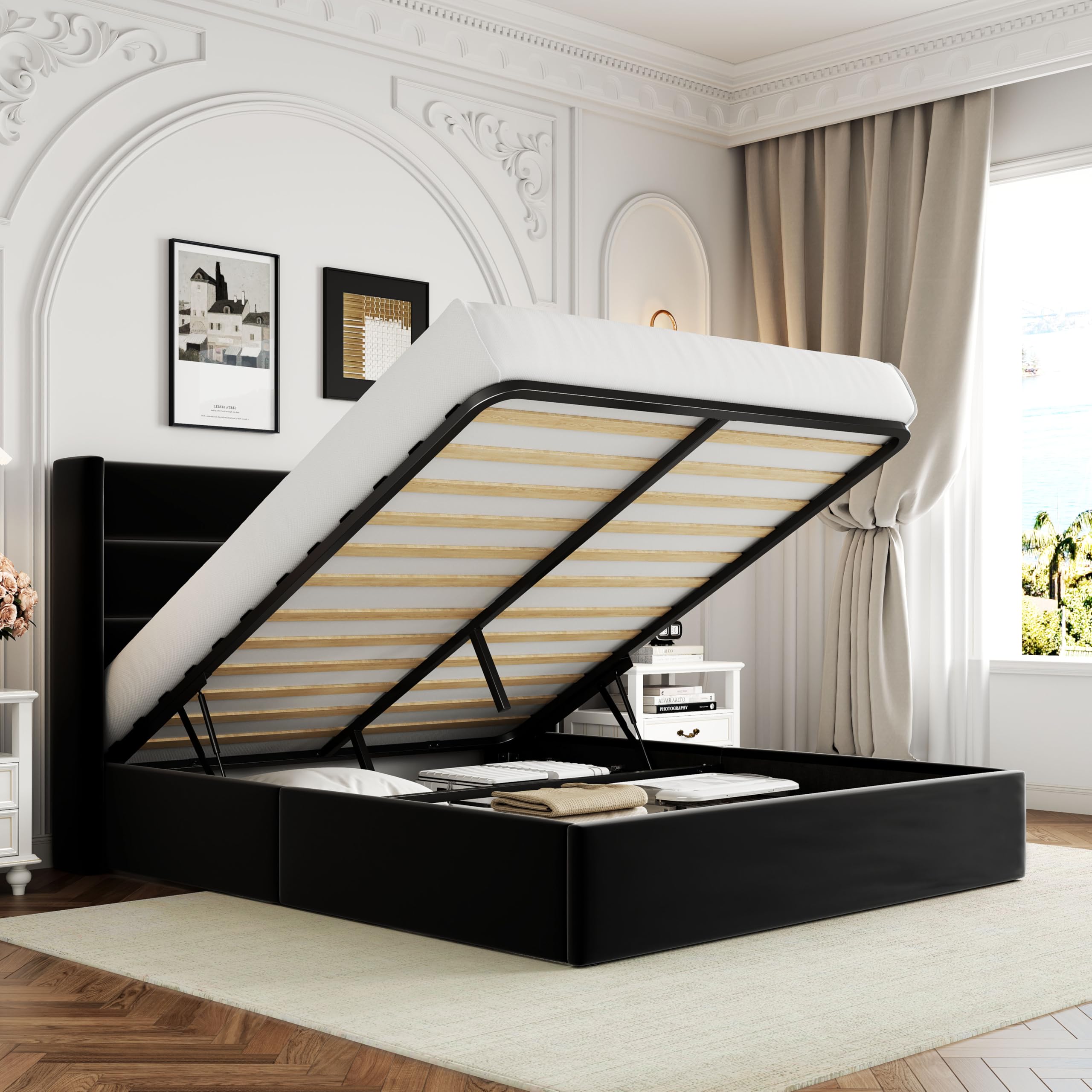 Brandclub Allewie Full Size Velvet Lift Up Storage Bed Modern Wingback Headboard Hydraulic Support No Box Spring Needed Black